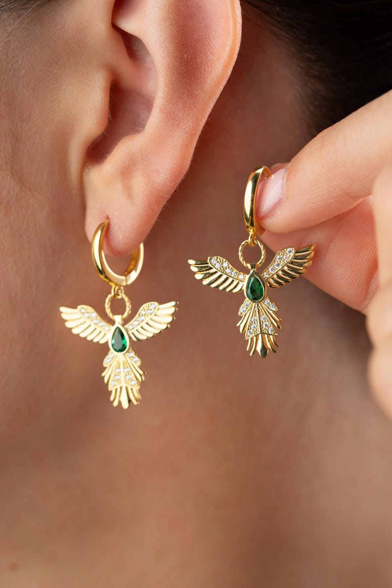 Phoenix Earrings Emerald Bird Gold Dangle Mythical Symbol Rebirth ...