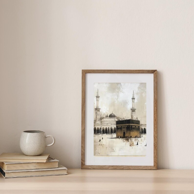 Kaaba Watercolor Painting – Minimalist Islamic Art, Beige Tones ...