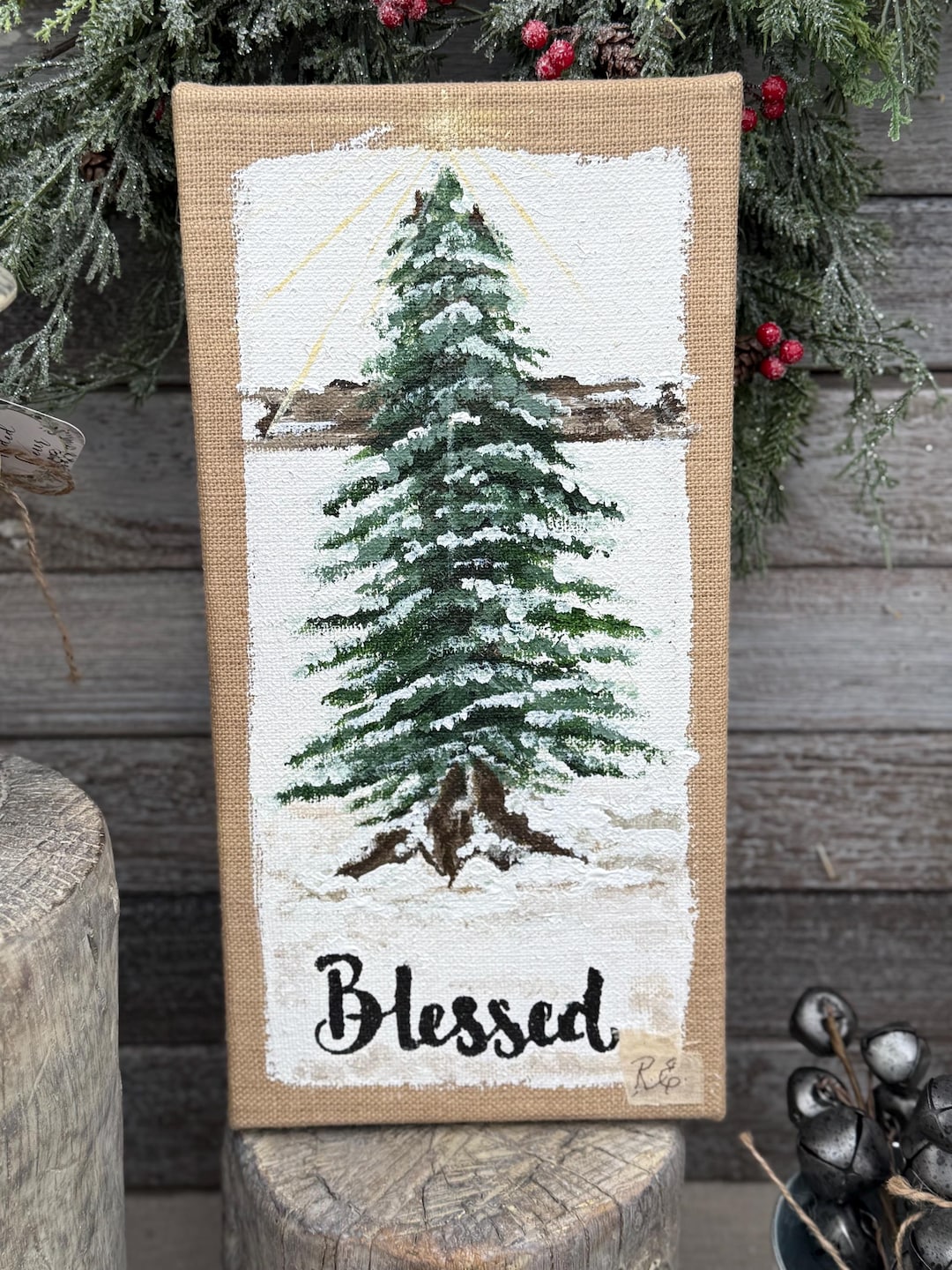 Winter Evergreen With Cross on Burlap Canvas – Blessed Inspirational ...