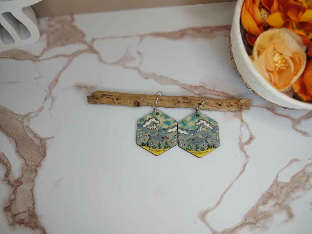 Ocean Boho Great White Shark Earrings- Engraved Wooden Watercolor ...