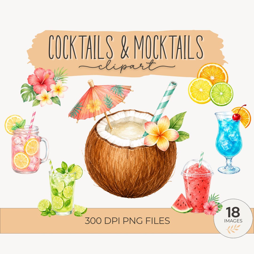 Watercolor Cocktails Clipart for Summer Pool Party, Tropical Mocktails ...