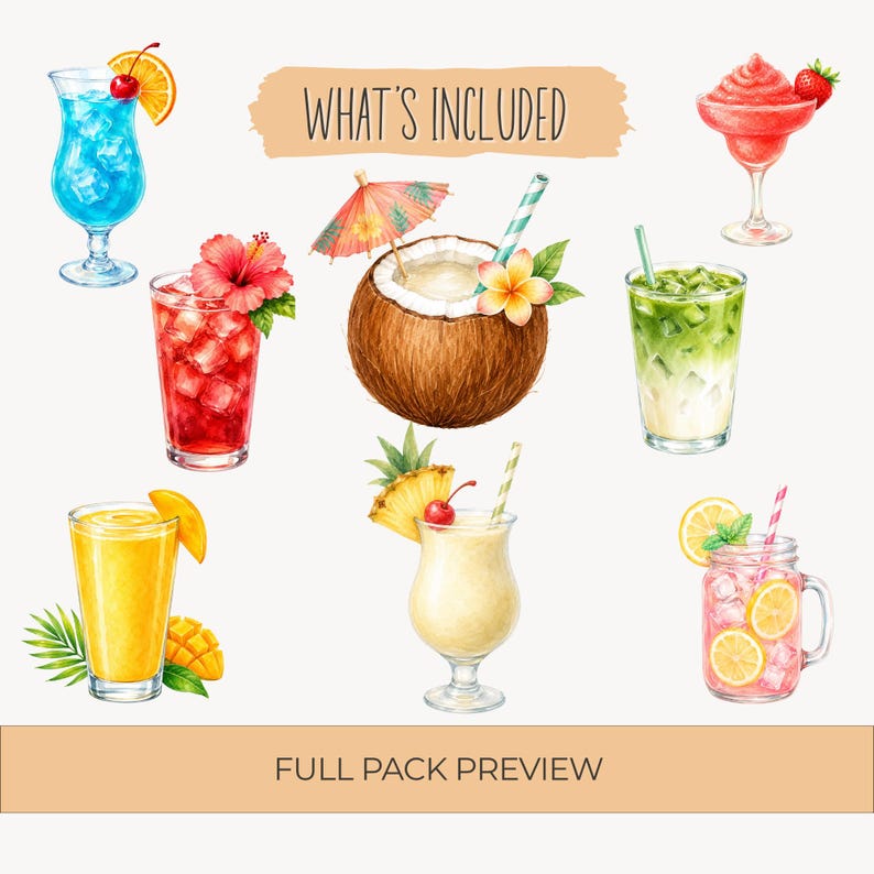 Watercolor Cocktails Clipart for Summer Pool Party, Tropical Mocktails ...