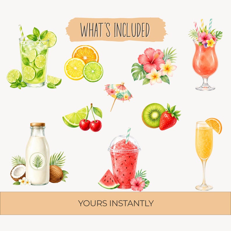 Watercolor Cocktails Clipart for Summer Pool Party, Tropical Mocktails ...