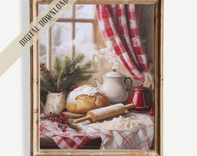 Vintage Kitchen Holiday Print, Baking Scene, Rustic Christmas Decor ...