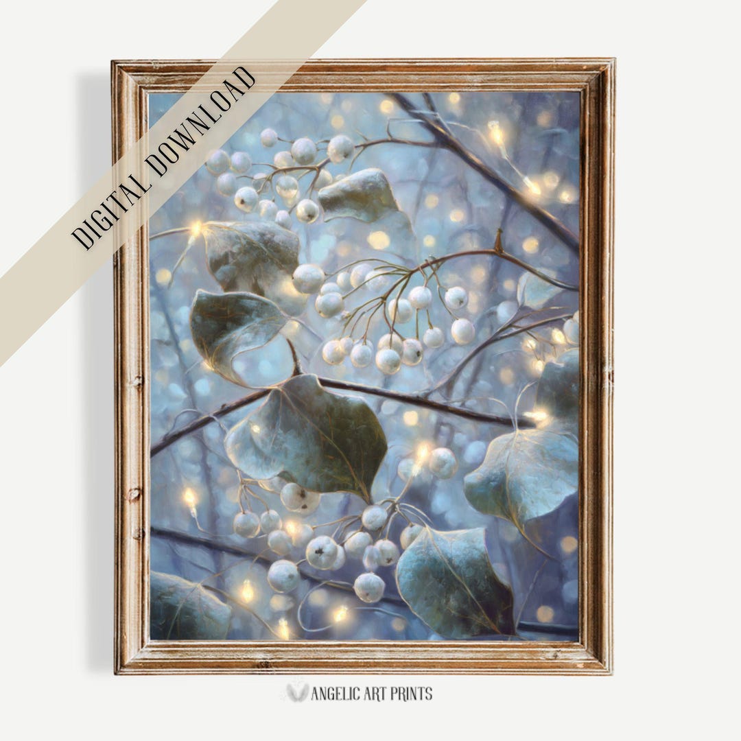 Romantic Mistletoe Printable Wall Art, Frosted Leaves and Berries Print ...