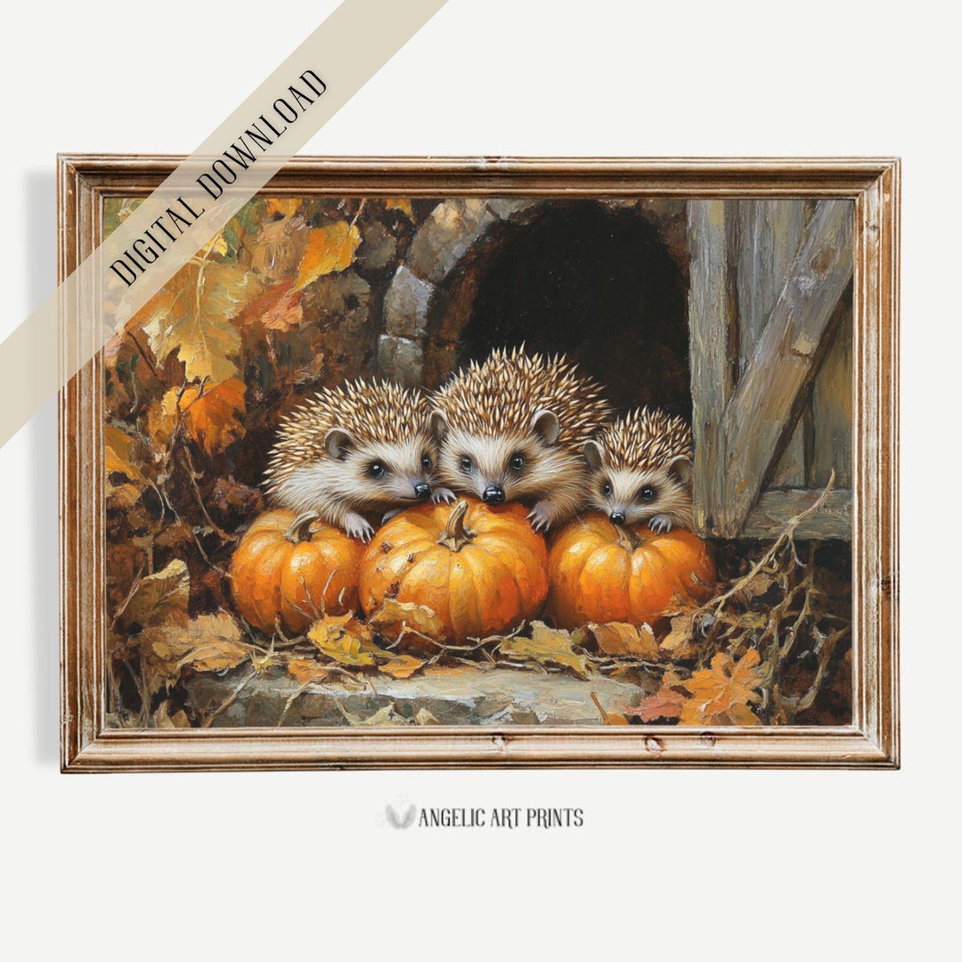 Family of Hedgehogs Autumn Printable Wall Art, Pumpkin Garden Animal ...