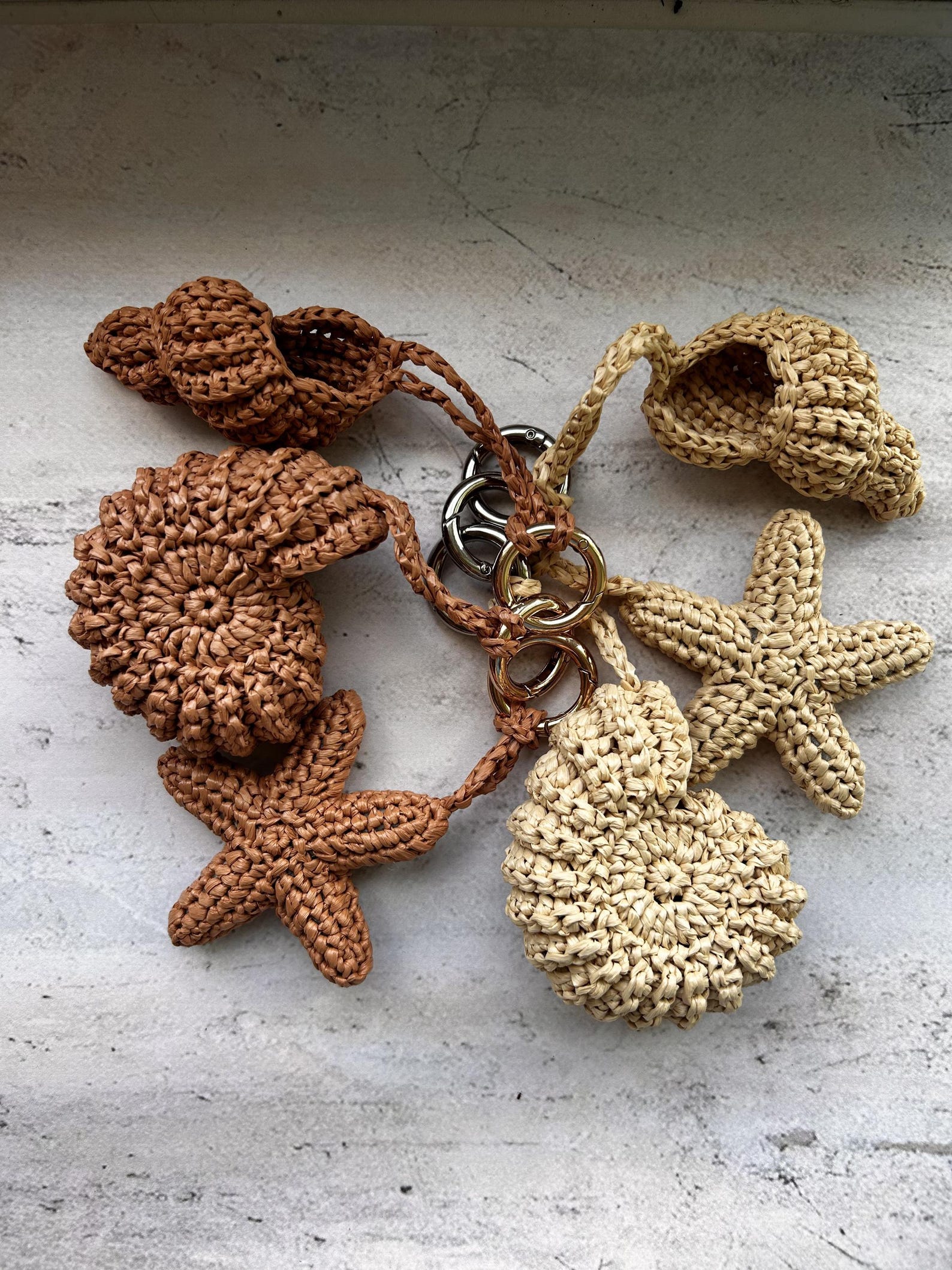 Sea Theme Keychains Crochet Raffia Ocean Bag Charm Spiral Shell Summer ...