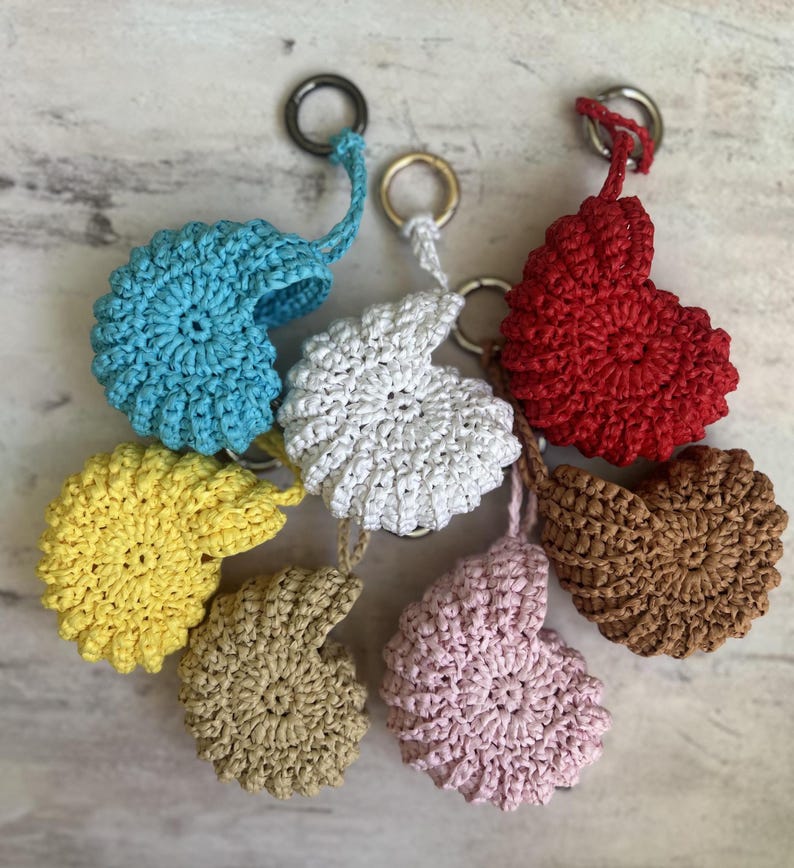 Raffia Ocean-themed Keychains, Crochet Nautical Spiral Shell Bag Charm ...