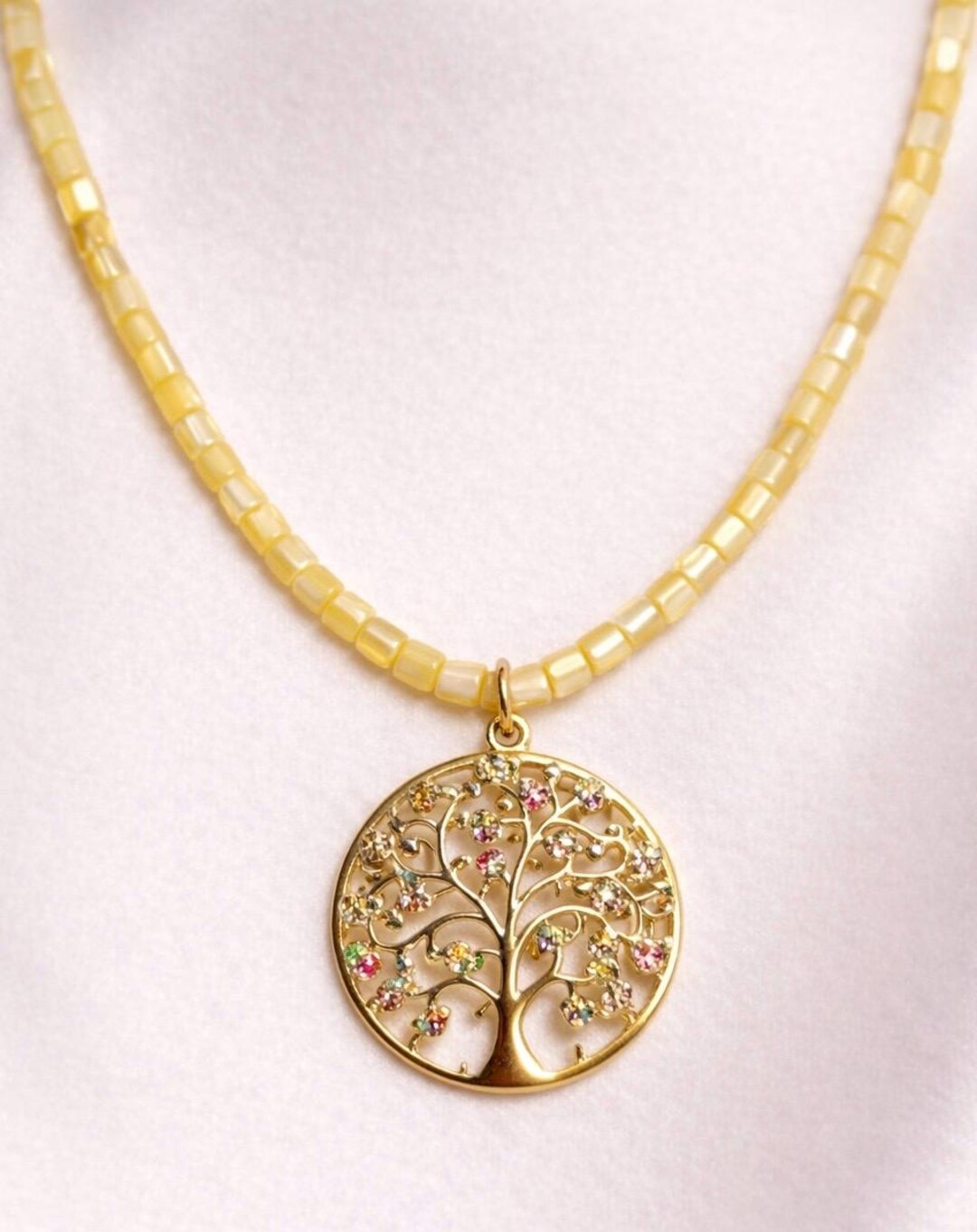 Tree of Life Pendant Necklace - Yellow Mother of Pearl Necklace ...