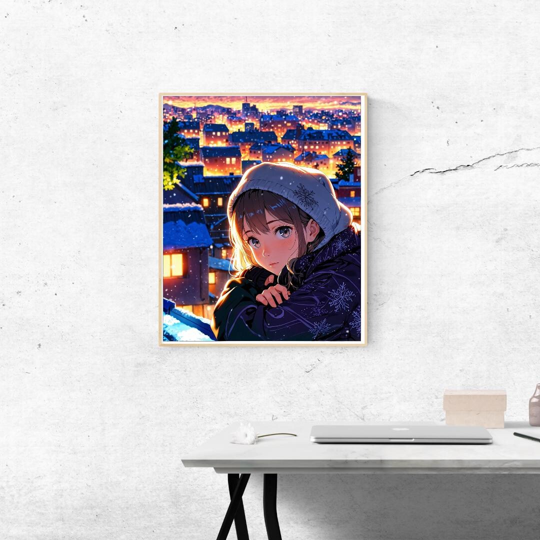 Snowy Rooftop – Cozy Anime Winter Scene Digital Art Print | Night City ...