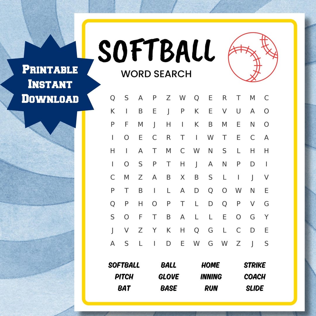 Softball Word Search Game, Softball Word Find Game, Printable Word ...