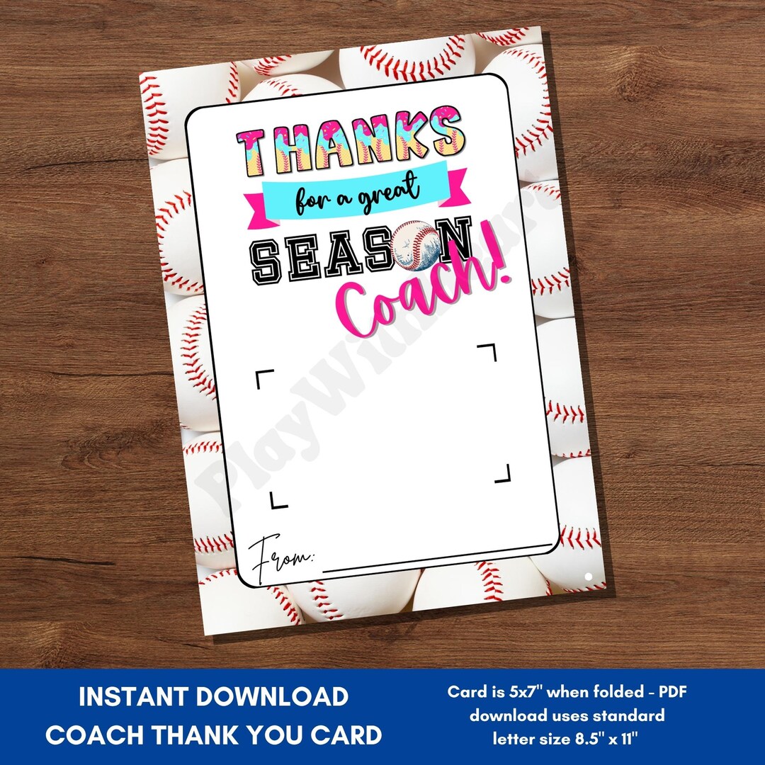 Thank You Card for Baseball Coach | Printable Baseball Coach Gift ...