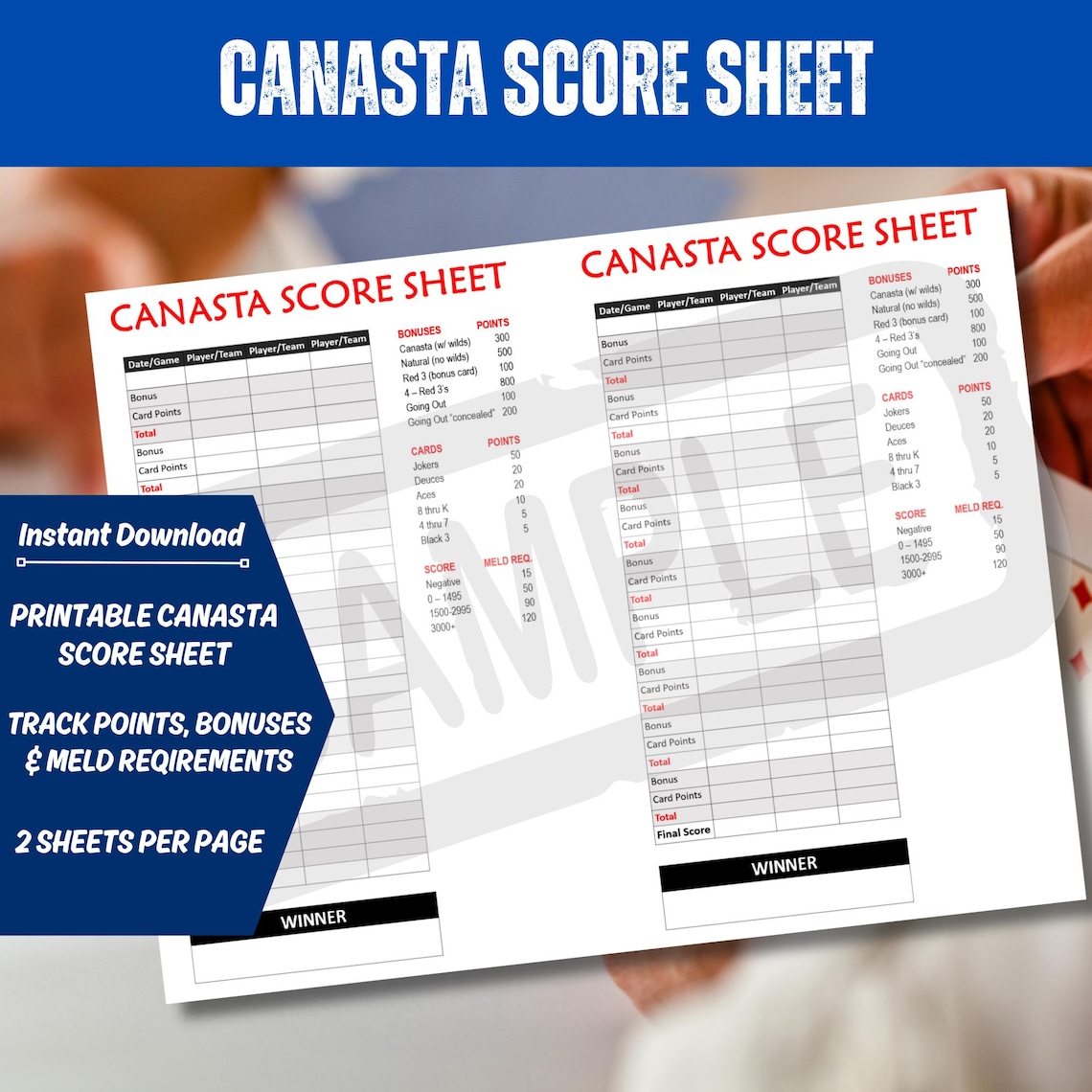 Printable Canasta Score Sheet, Classic Card Game Tracker With Bonuses ...