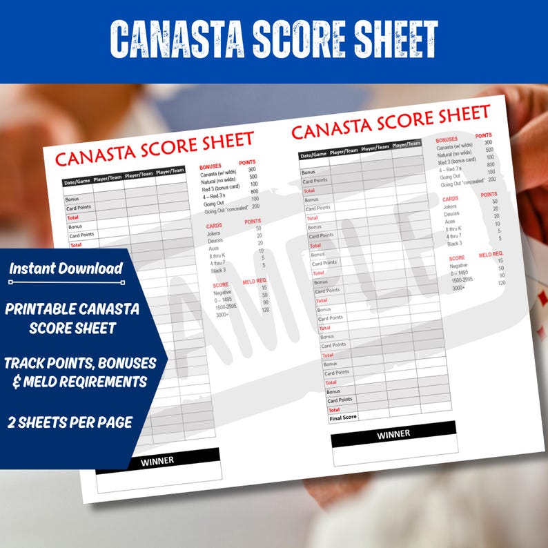 Printable Canasta Score Sheet, Classic Card Game Tracker With Bonuses ...