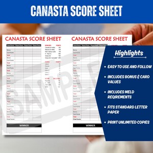 Printable Canasta Score Sheet, Classic Card Game Tracker With Bonuses ...
