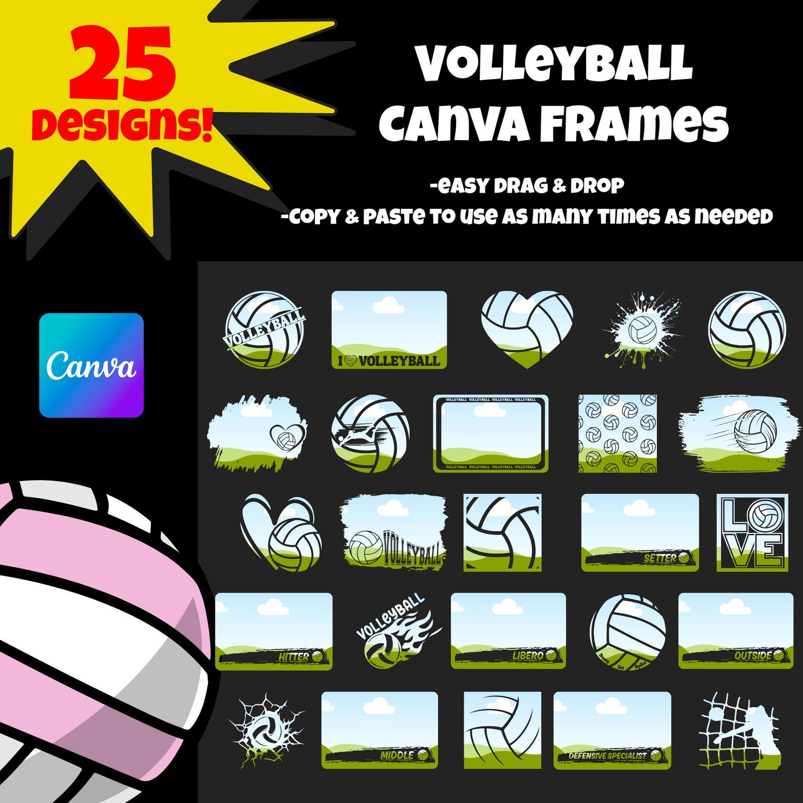 Volleyball Canva Frames | 25 Sports Frame Template Bundle | Editable ...