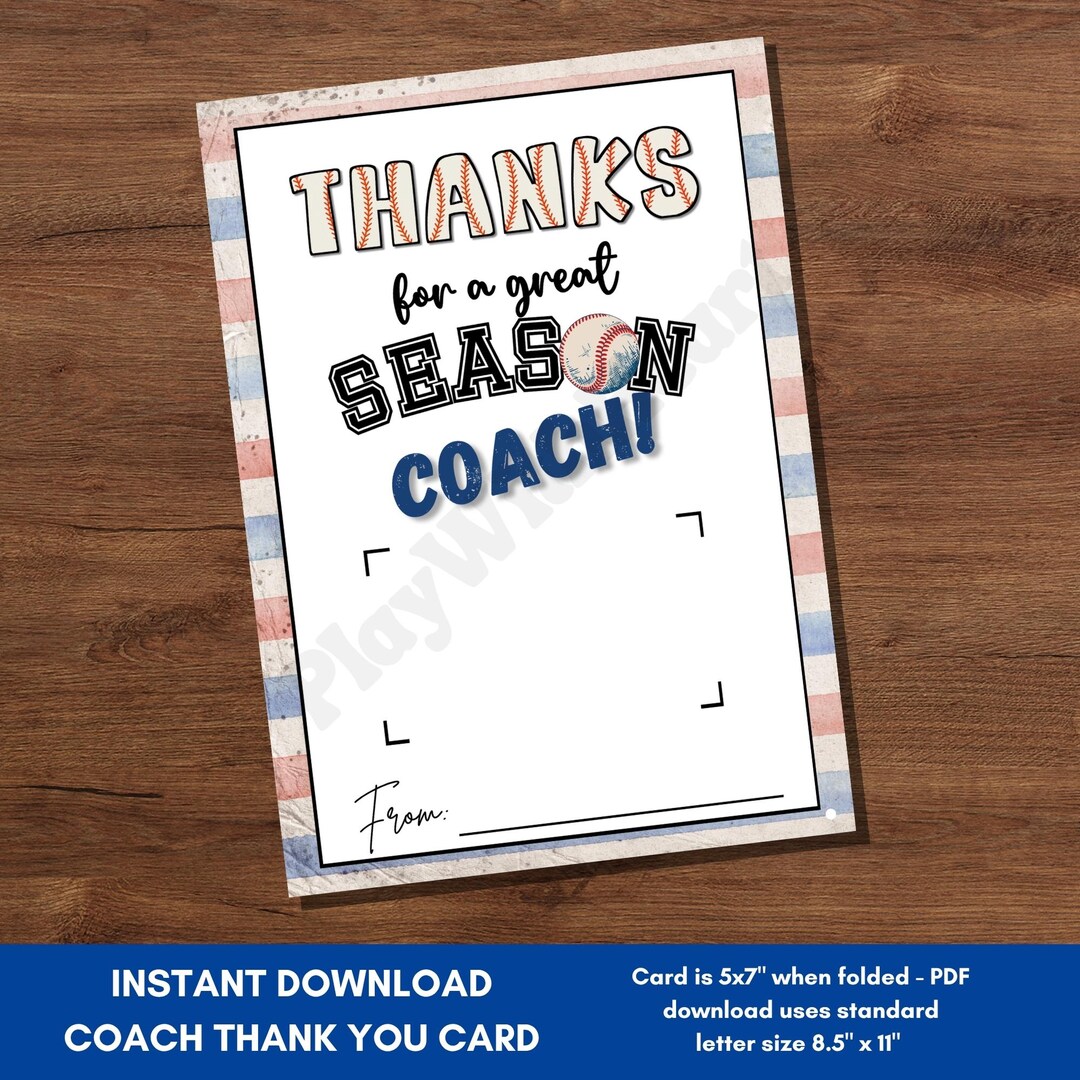 Thank You Card for Baseball Coach | Printable Baseball Coach Gift ...