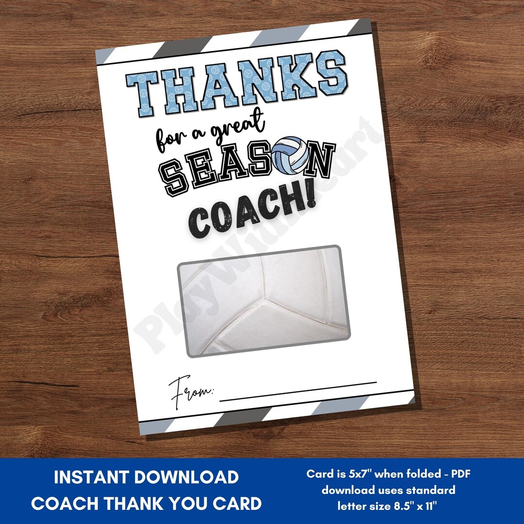 Thank You Card for Volleyball Coach | Printable Volleyball Coach Gift ...