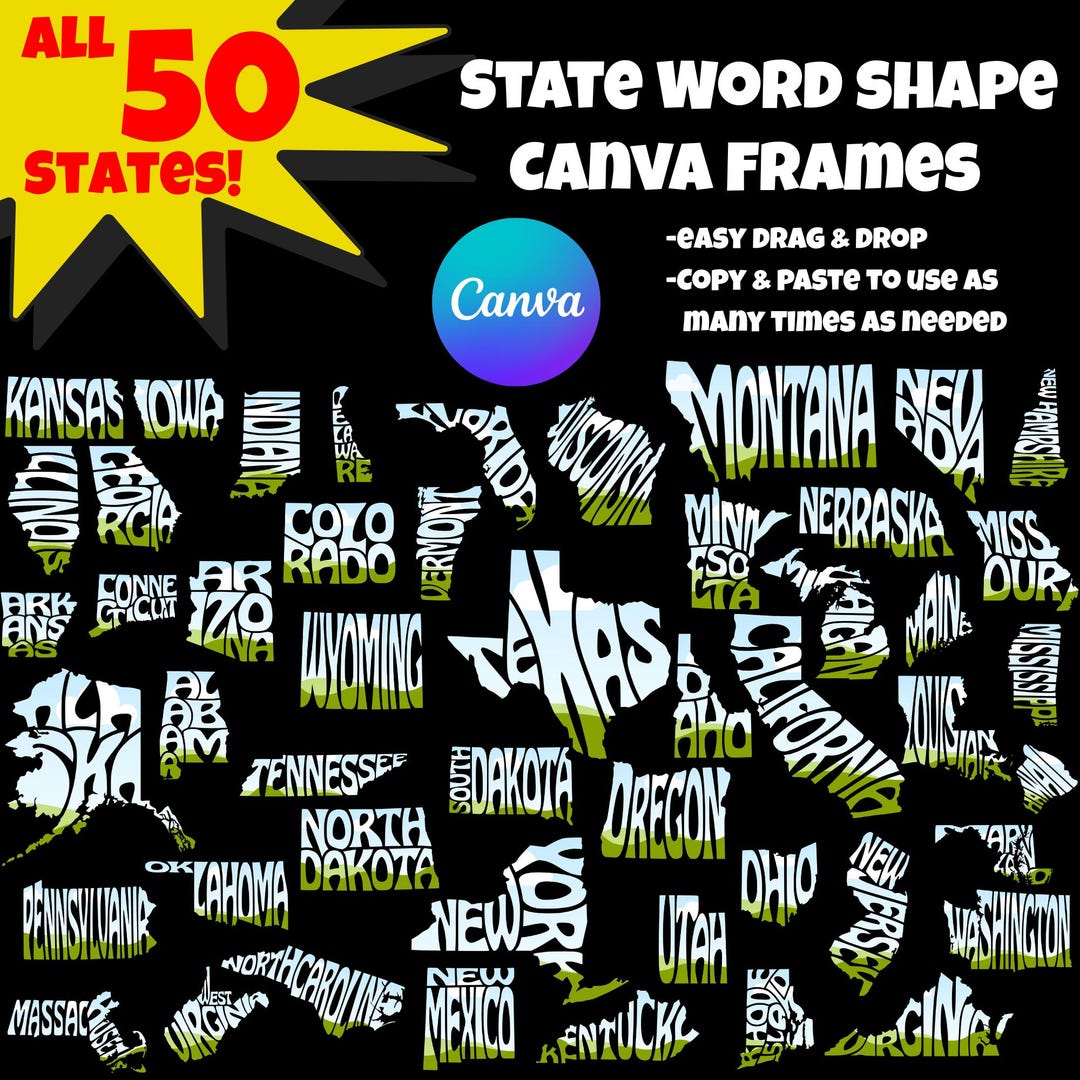 State Word Shapes Canva Frames | All 50 United States | Easy Drag ...