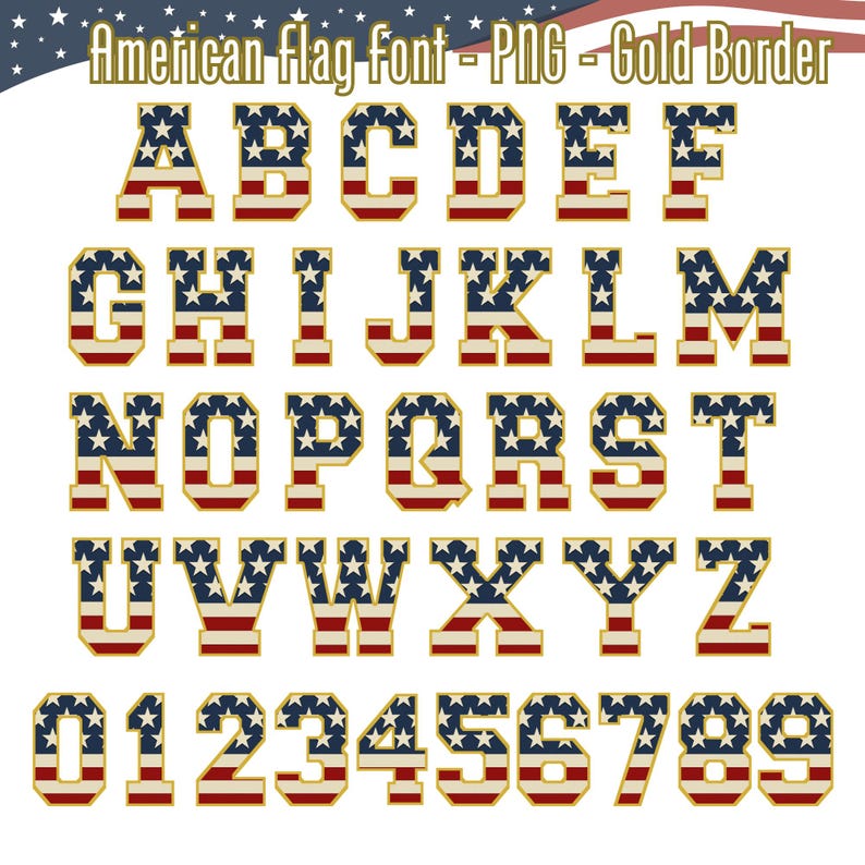 American Flag Font W/gold Border PNG, USA Alphabet, American Flag ...