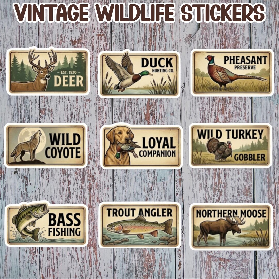 Vintage Wildlife Sticker Pack | 9 Rustic Hunting & Fishing Stickers ...