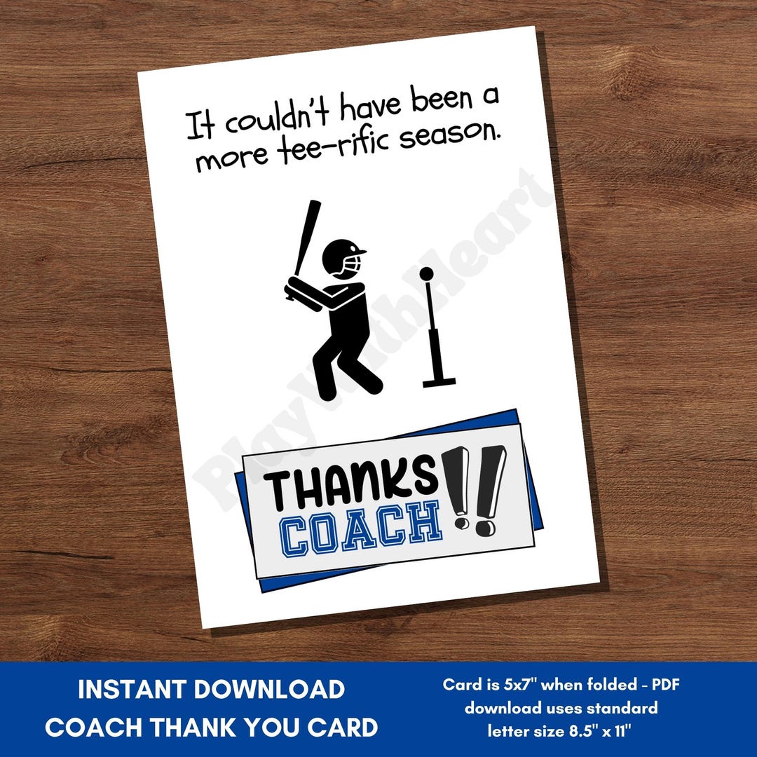 Thank You Card for Tee-ball Coach | Printable Tee Ball Coach Gift | End ...