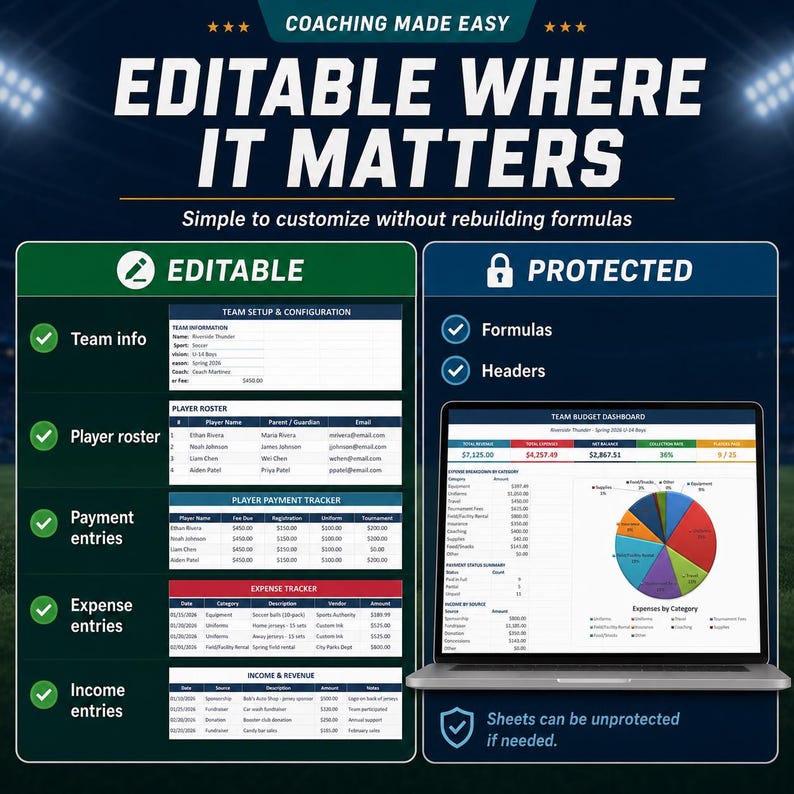 Youth Sports Team Budget Spreadsheet Player Payment Tracker Excel ...