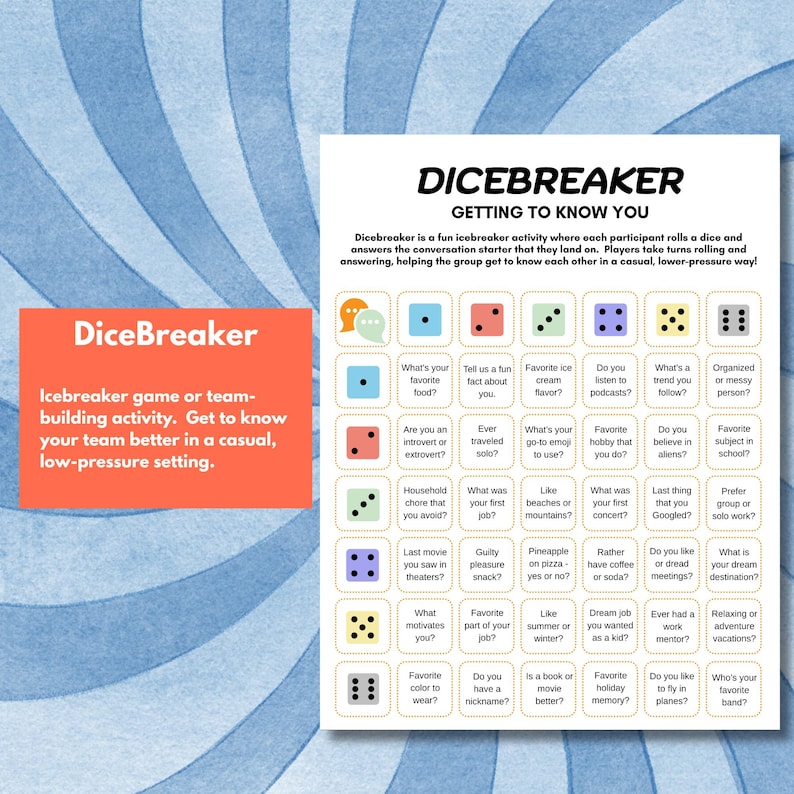 Icebreaker Game, Printable Dicebreaker Game, Dice Get to Know You Game ...