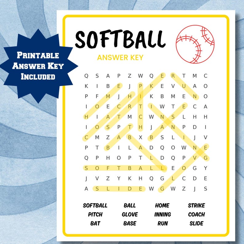 Softball Word Search Game, Softball Word Find Game, Printable Word ...