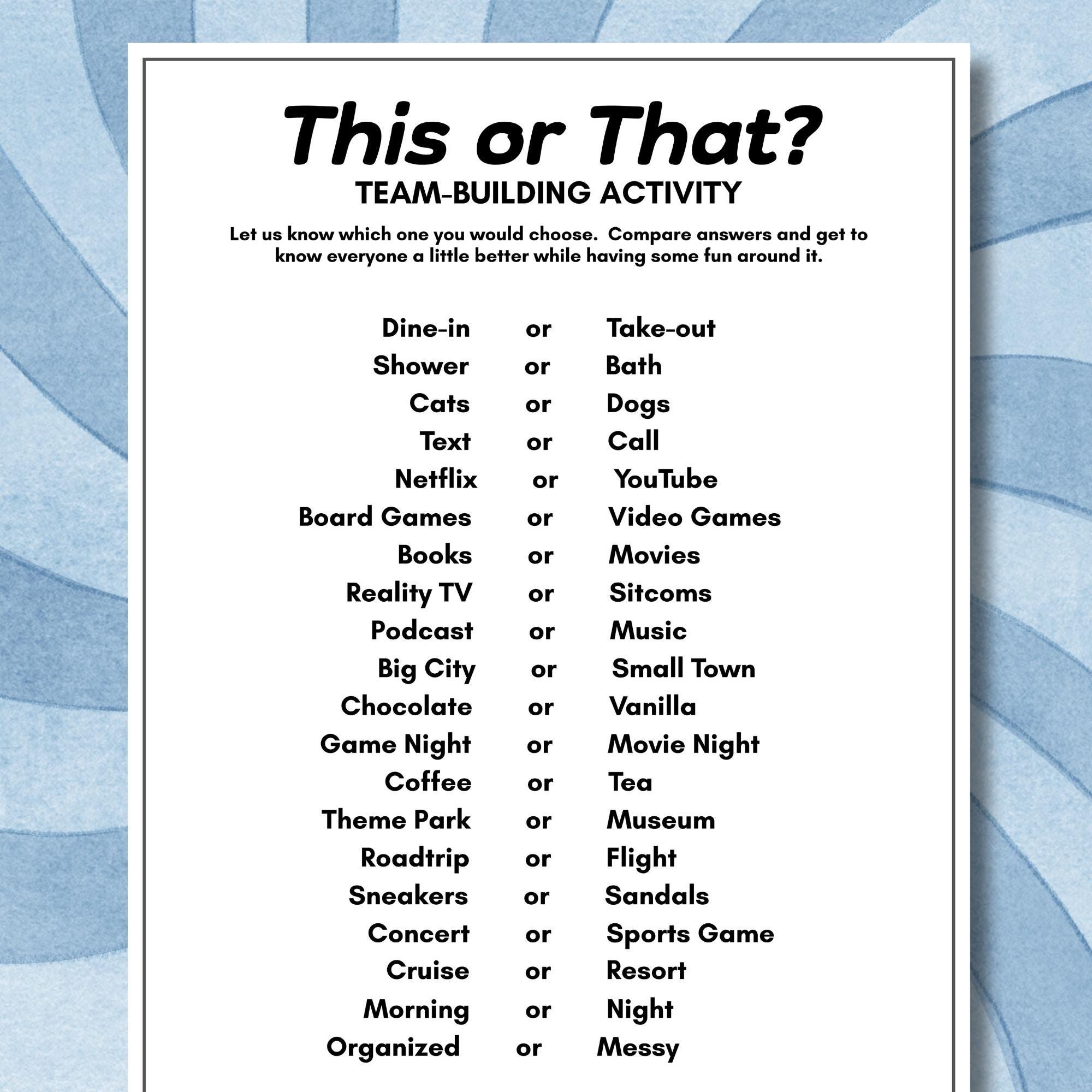 Icebreaker Game, Printable This or That Game, Office Party Game, Would ...
