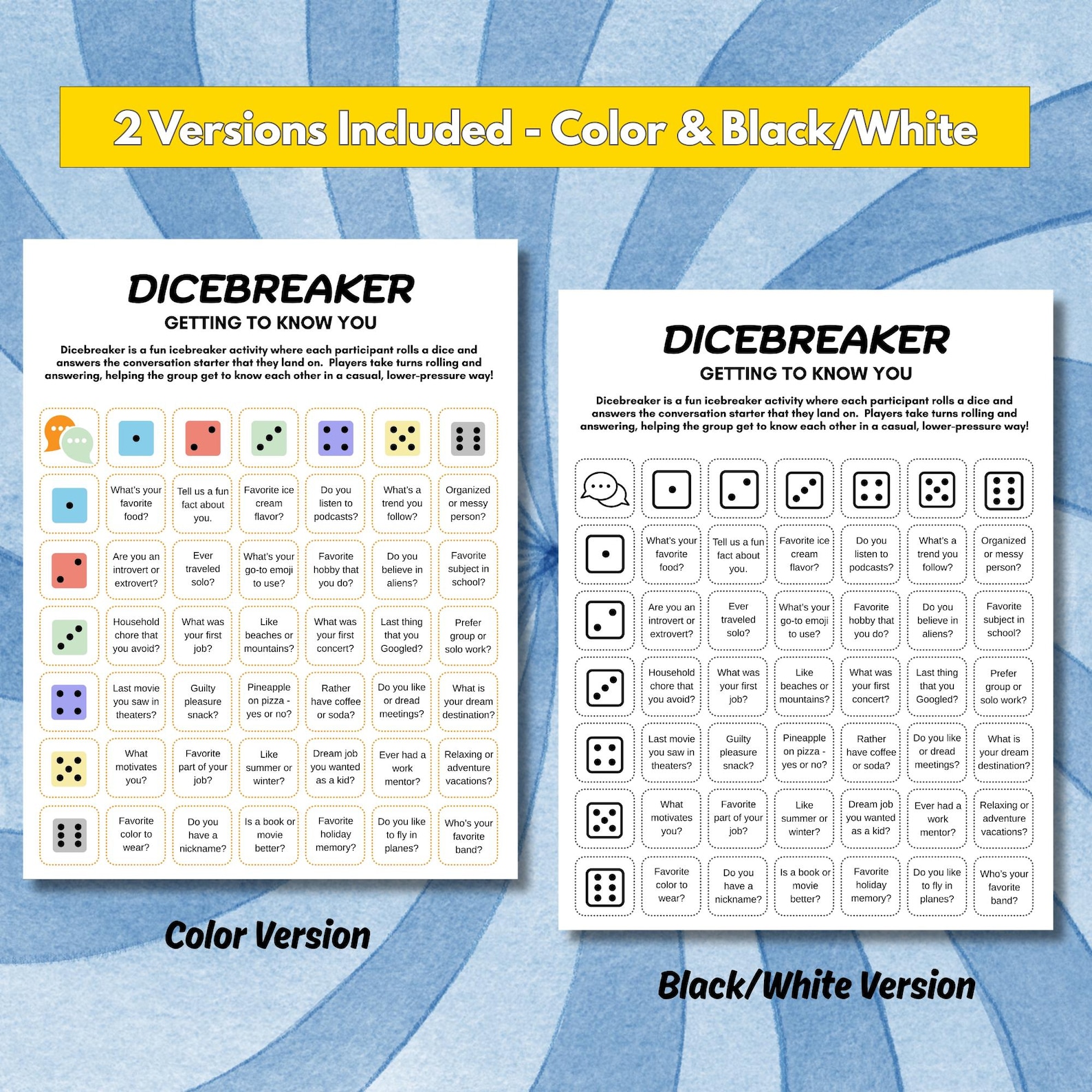 Icebreaker Game, Printable Dicebreaker Game, Dice Get to Know You Game ...