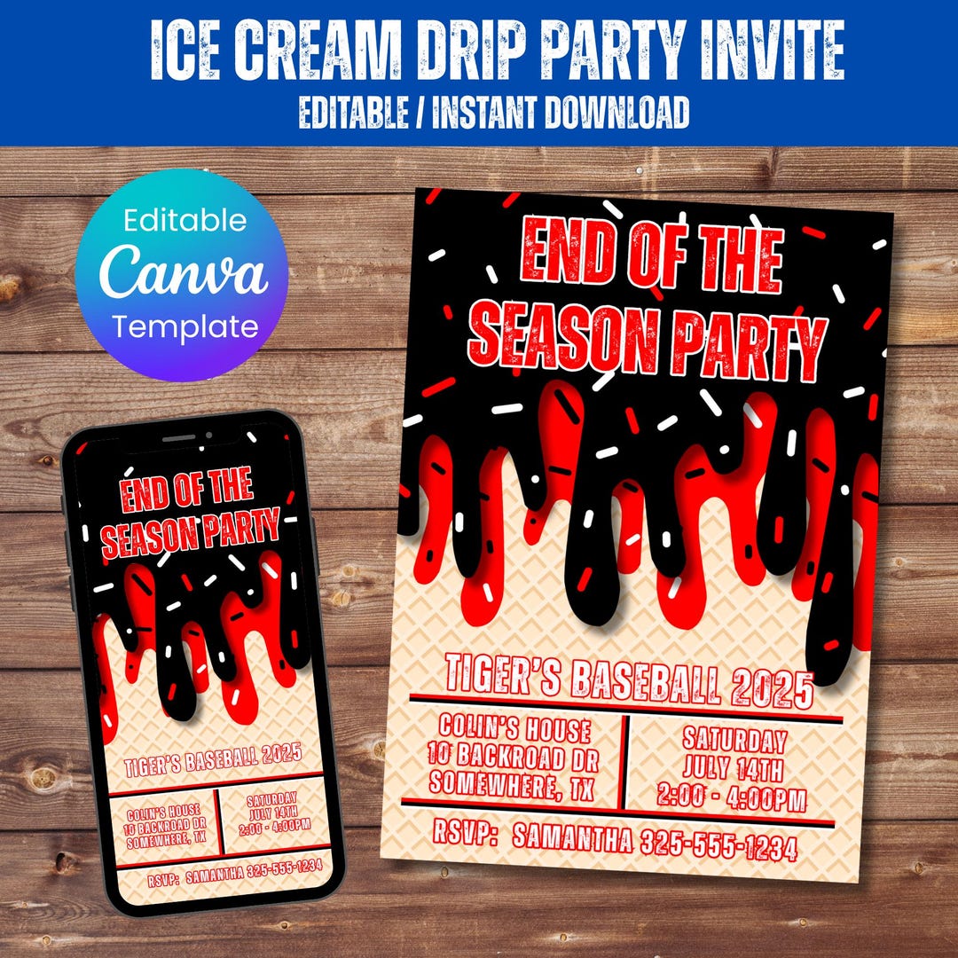 Editable Party Invitation | Red and Black Drip-themed Ice Cream Design ...
