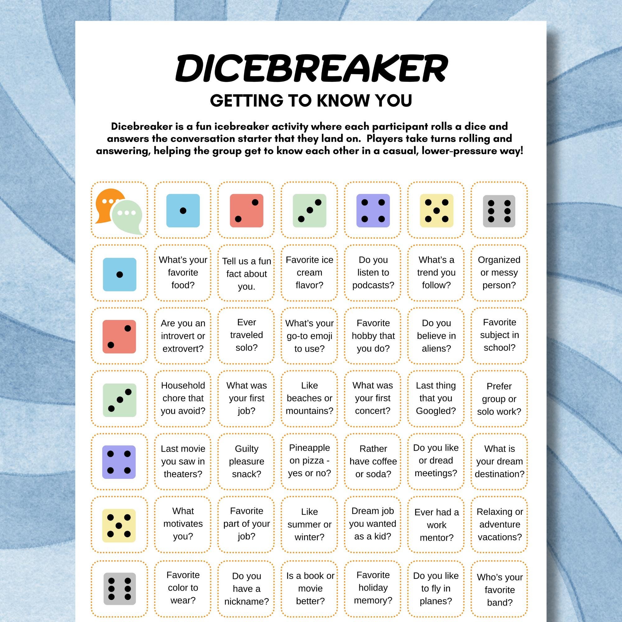 Icebreaker Game, Printable Dicebreaker Game, Dice Get to Know You Game ...