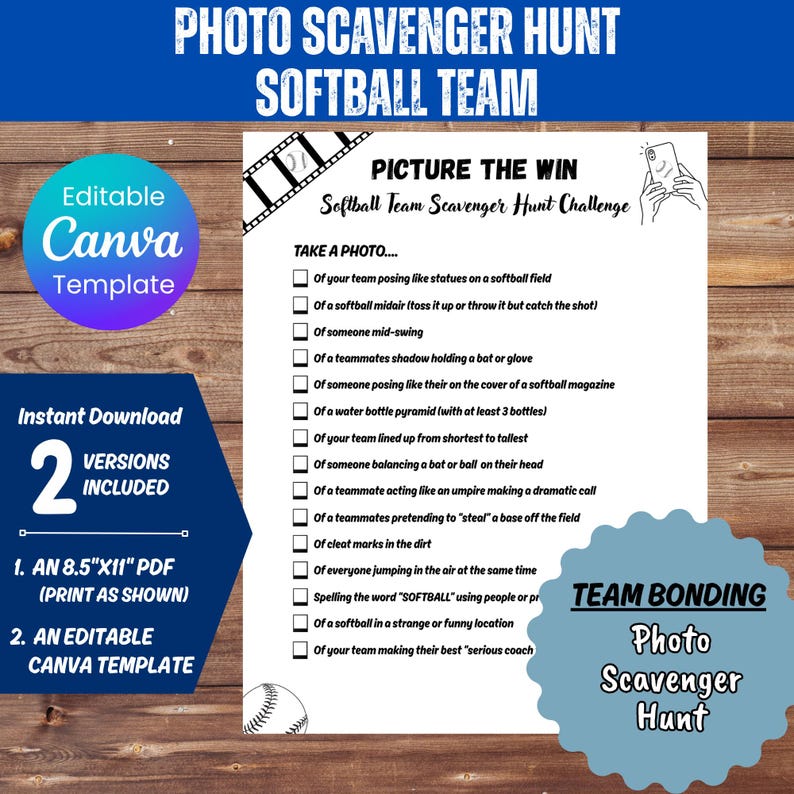 Softball Photo Scavenger Hunt, Printable and Editable, Softball Team ...