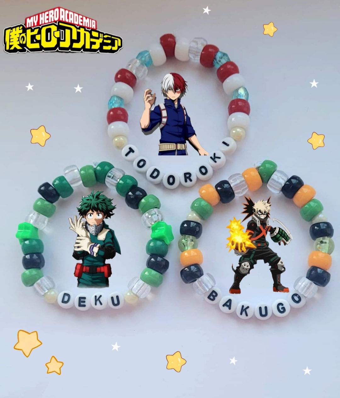 My Hero Academia Deku , Bakugo and Todoroki Kandi Bead Bracelet Bundle ...