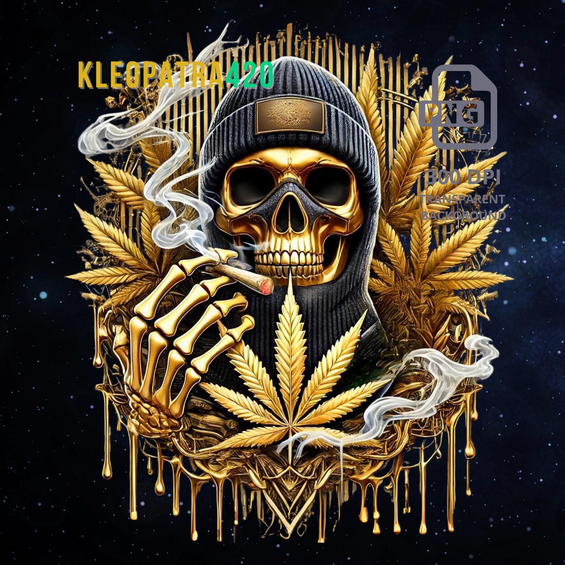 Dripping Gold Hip Hop Gangsta Skull Stoner 420 PNG, Cannabis Themed T ...