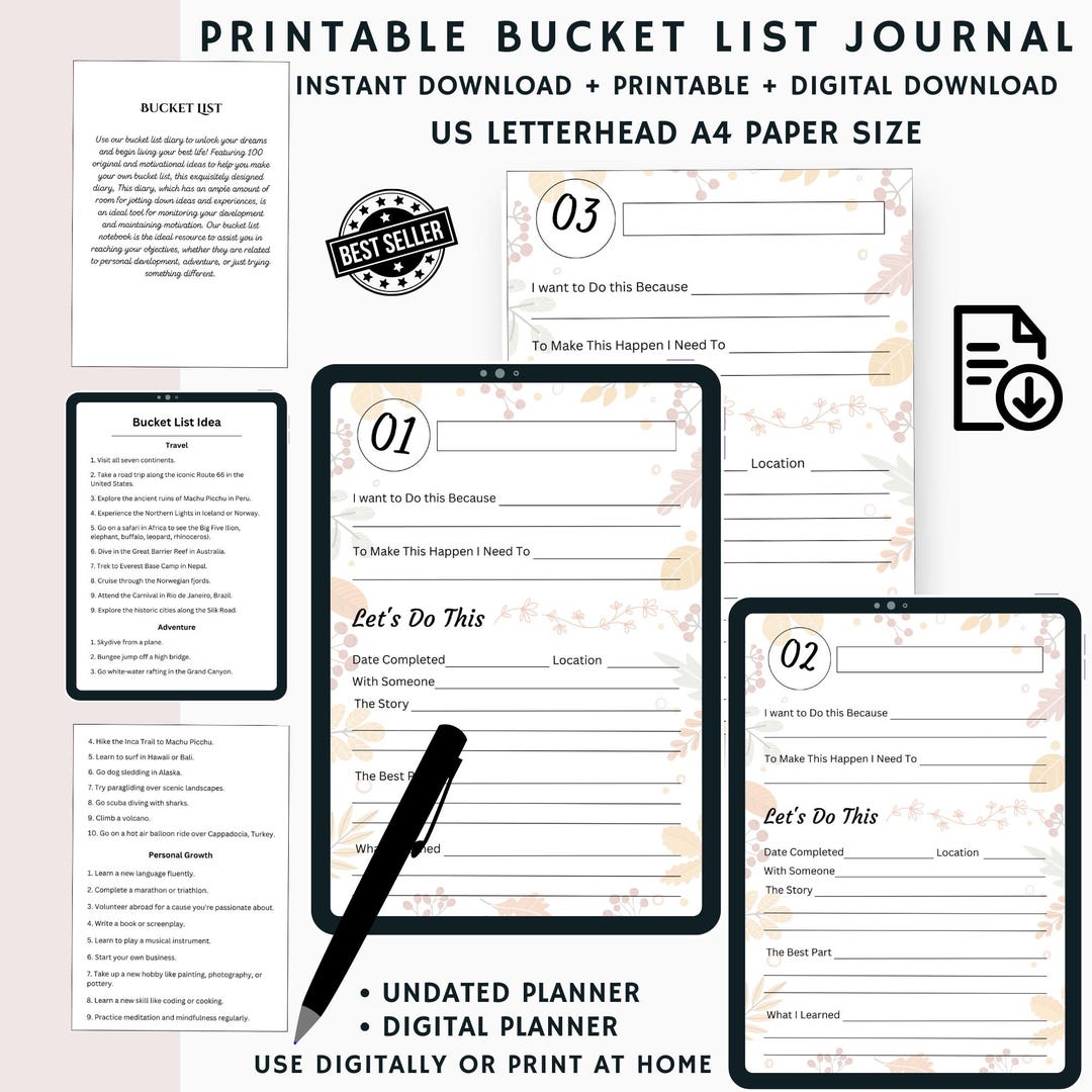 Bucket List Journal Printable: Goal Setting & Adventure Log (digital ...