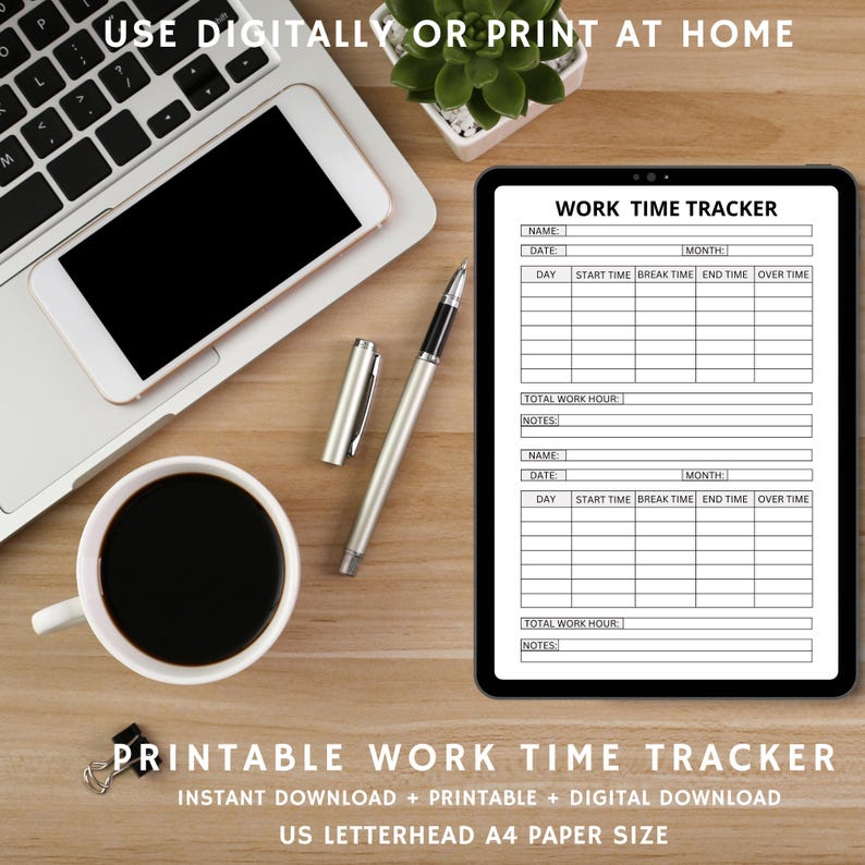 Printable Work Time Tracker: Daily & Weekly Productivity Journal (PDF ...