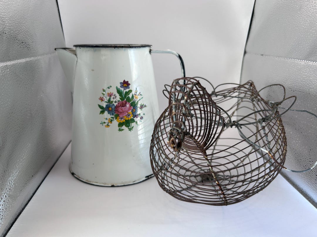 Vintage Folk Art Tin Pitcher and Vintage French Country Metal Wire ...