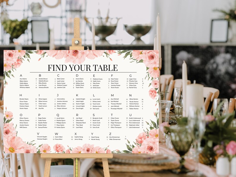 Floral Wedding Seating Chart: Alphabetical Guest List (digital Download ...