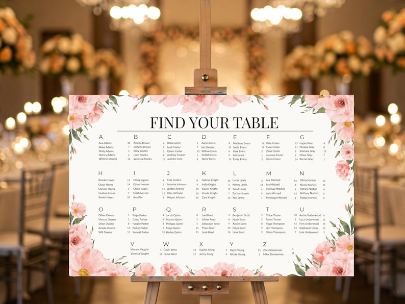 Floral Wedding Seating Chart: Alphabetical Guest List (digital Download ...