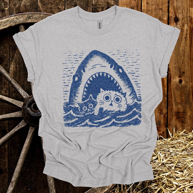 Funny Cat Shark Attack T-shirt – Cartoon Graphic Tee - Etsy