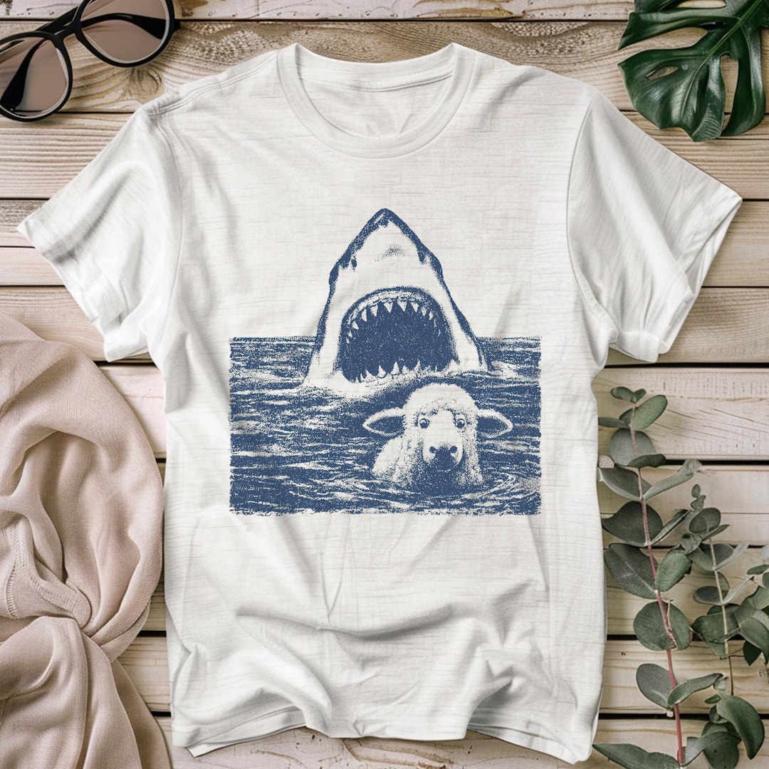 Funny Shark and Sheep Graphic T-shirt: Animal Humor Design - Etsy