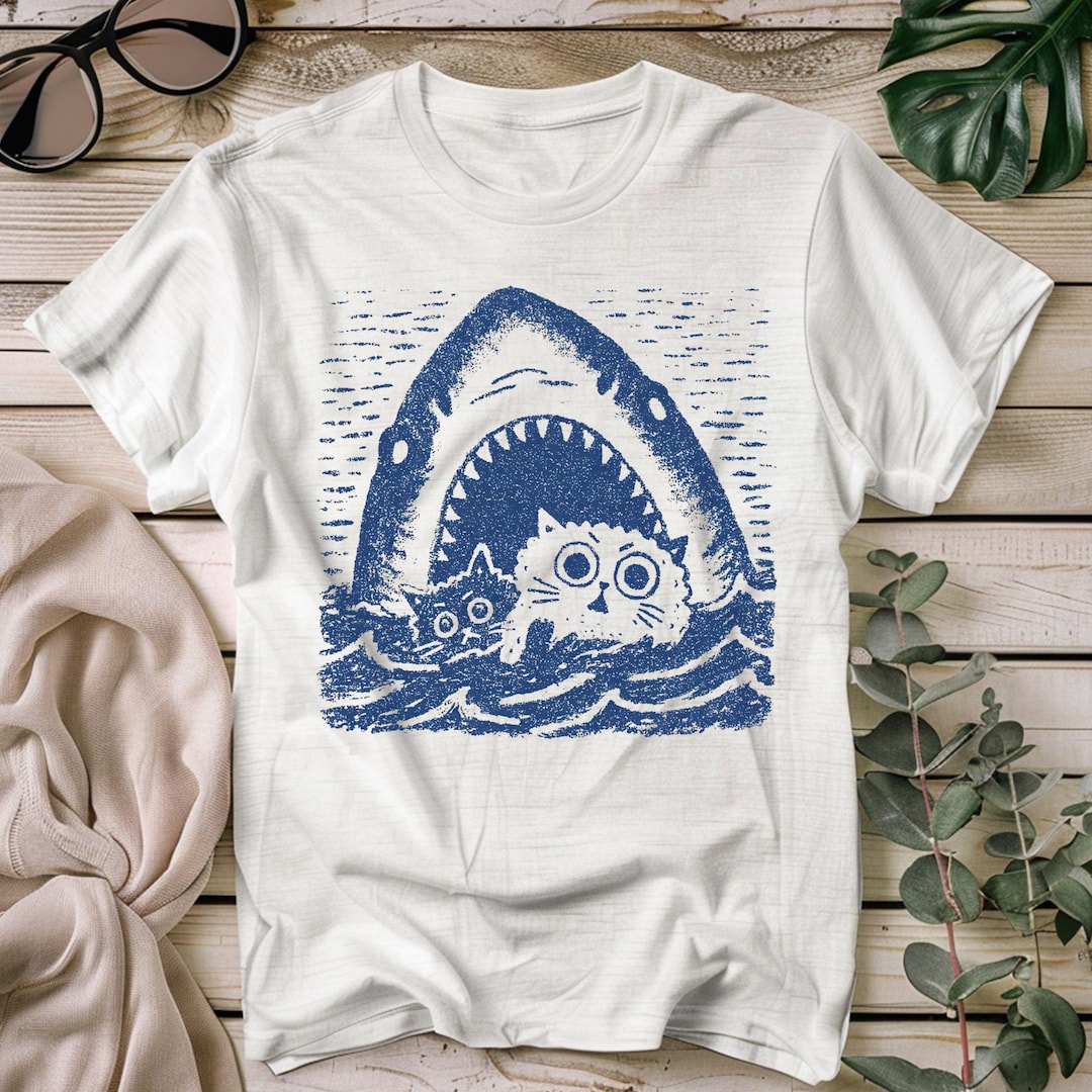 Funny Cat Shark Attack T-shirt – Cartoon Graphic Tee - Etsy