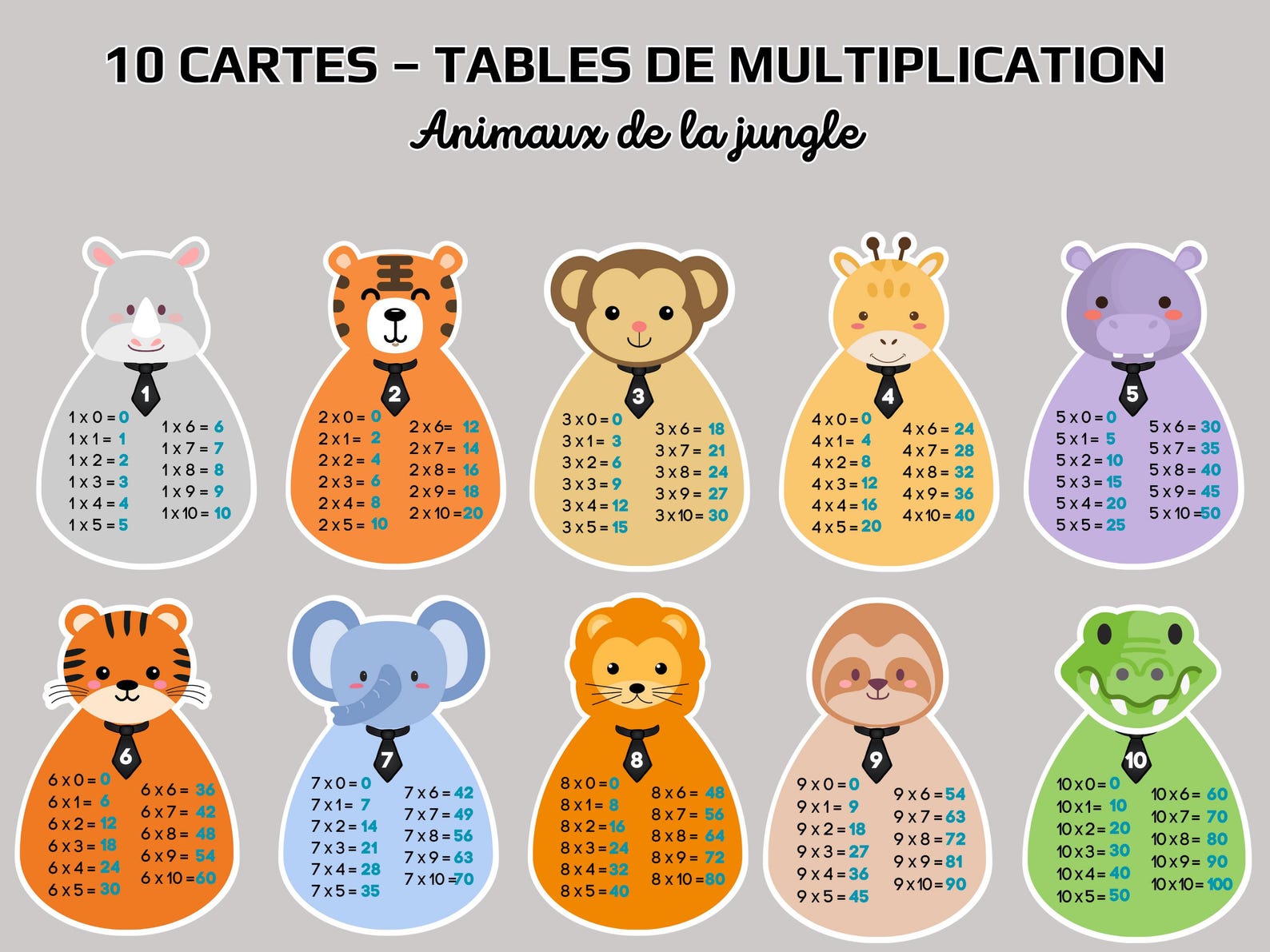 Printable Multiplication Tables Cards | Jungle Animals Math Learning ...