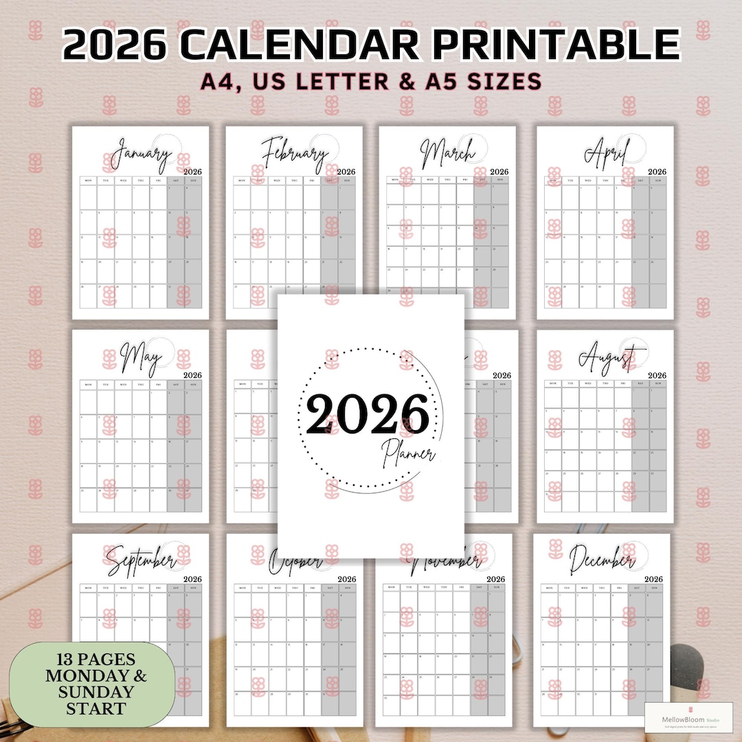 2026 Printable Calendar PDF (A4, A5, US Letter) | Minimalist Planner ...