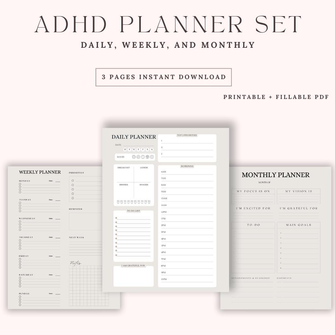 ADHD Planner Printable | Daily Weekly Monthly Undated Planner PDF ...