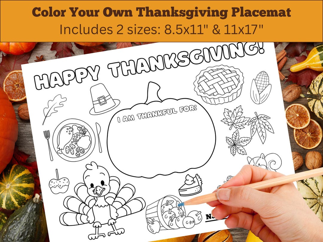 Thanksgiving Placemat Coloring Printable Gratitude Pumpkin Activity for ...