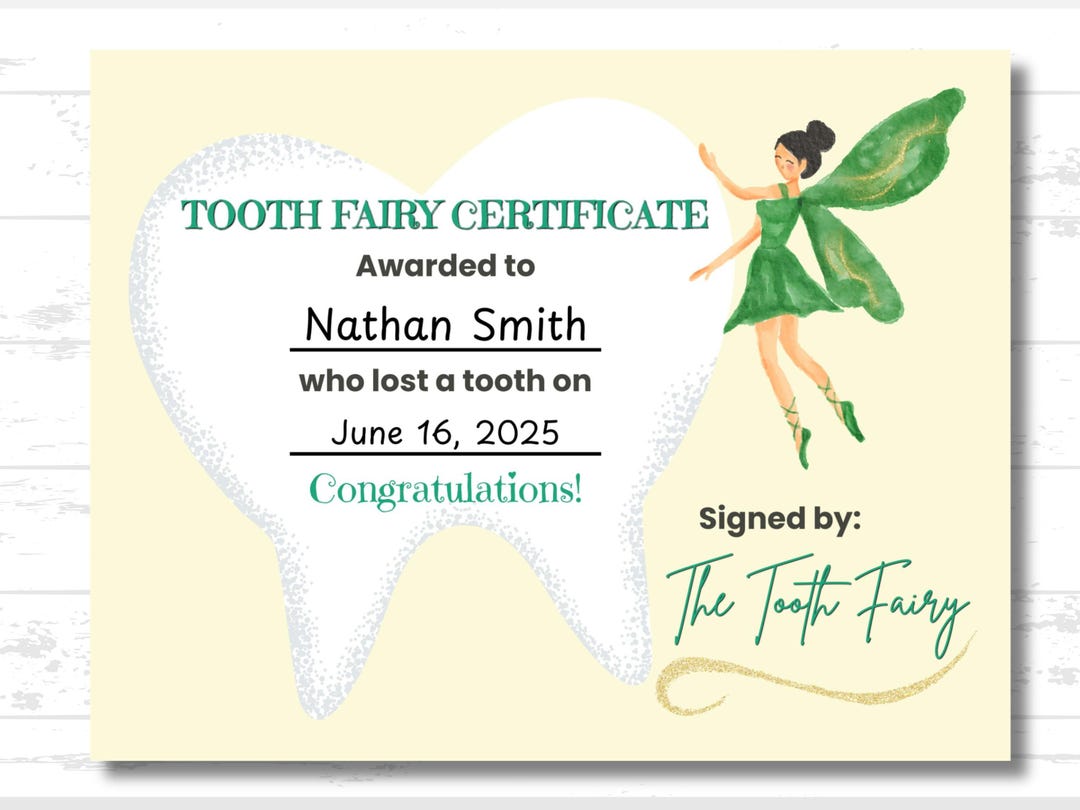 Tooth Fairy Certificate Printable Green and Yellow Lost Tooth Award for ...