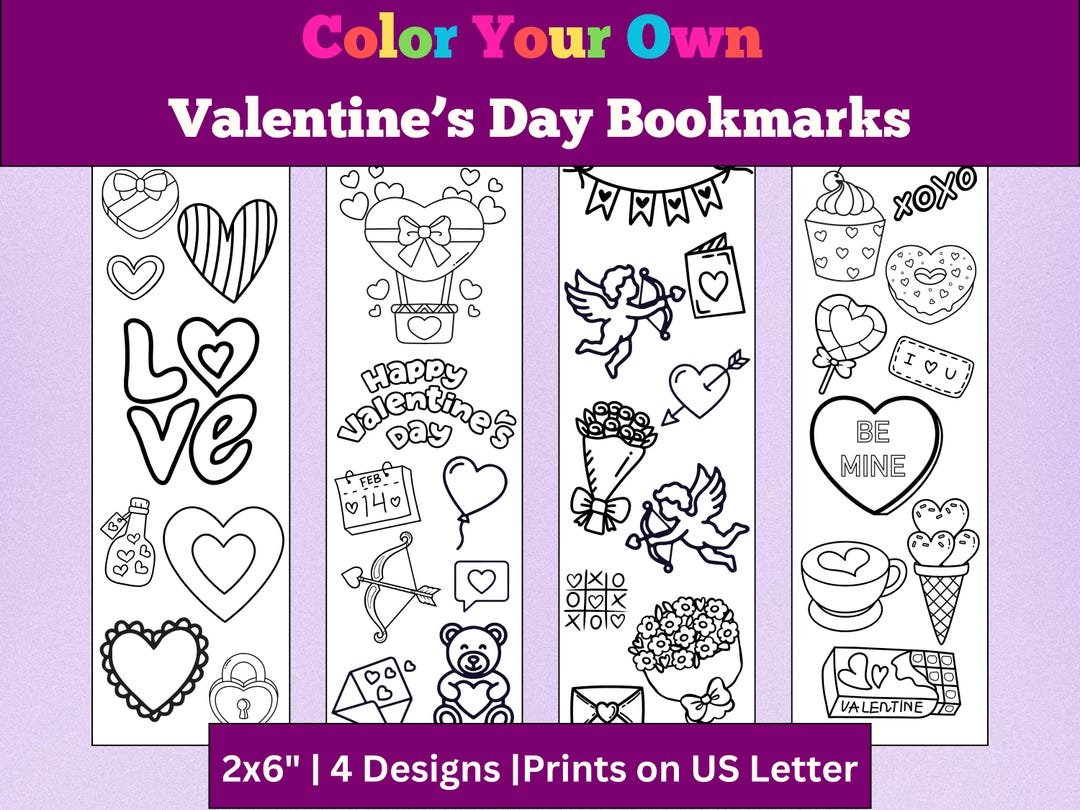 Valentine’s Day Bookmarks Coloring Printable for Classroom Kids ...